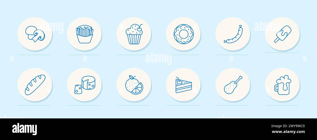 Delicacy set icon. Mushrooms, cheese with holes, cupcake, baguette, ice ...