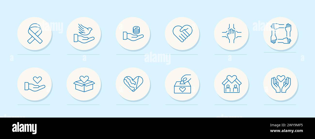 Donations icon set. Ribbon, fight cancer, hands, heart, offer, box, support, blue colors, house ...