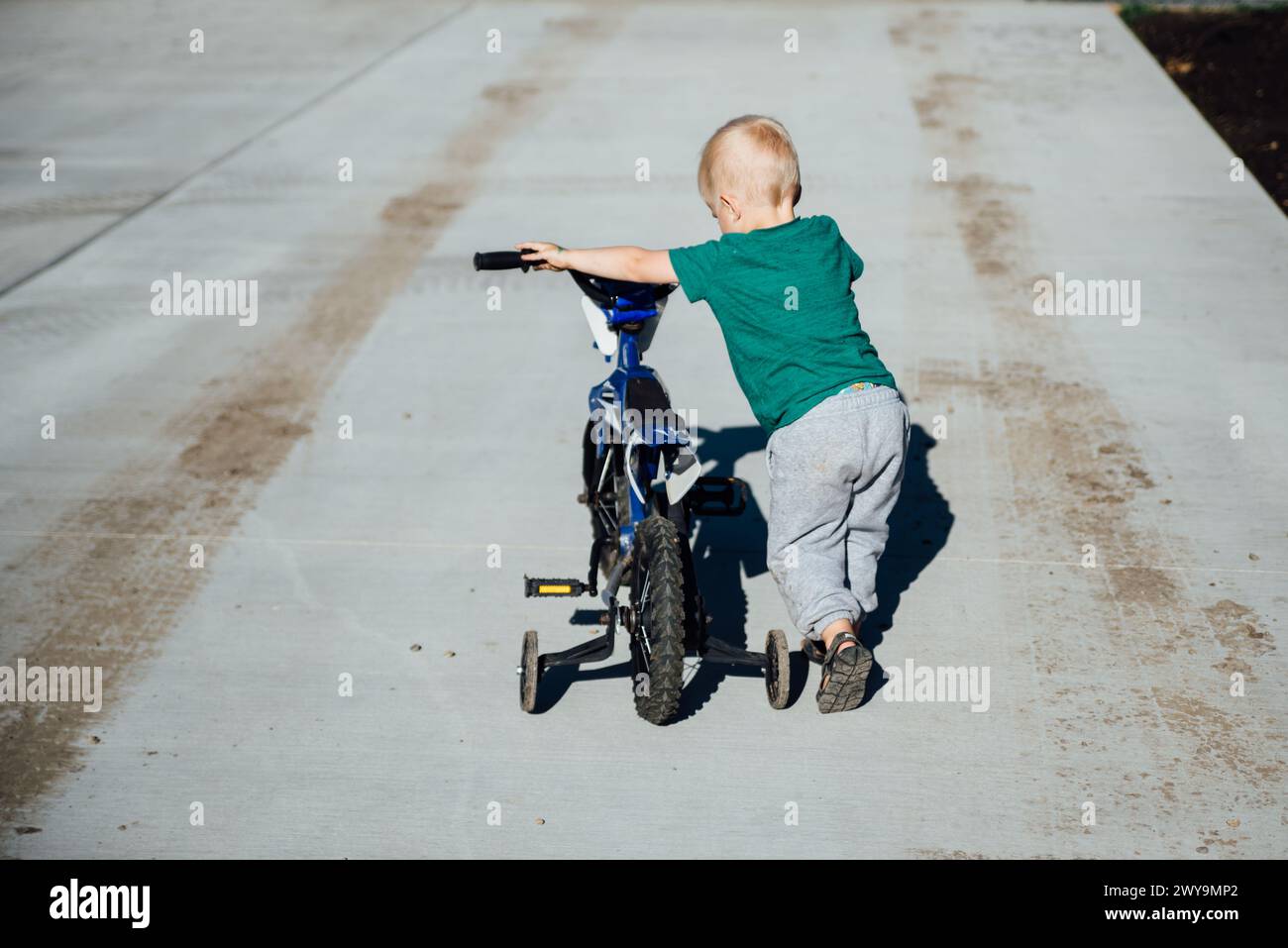 Rear view of small boy walking away with bike in driveway Stock Photo ...