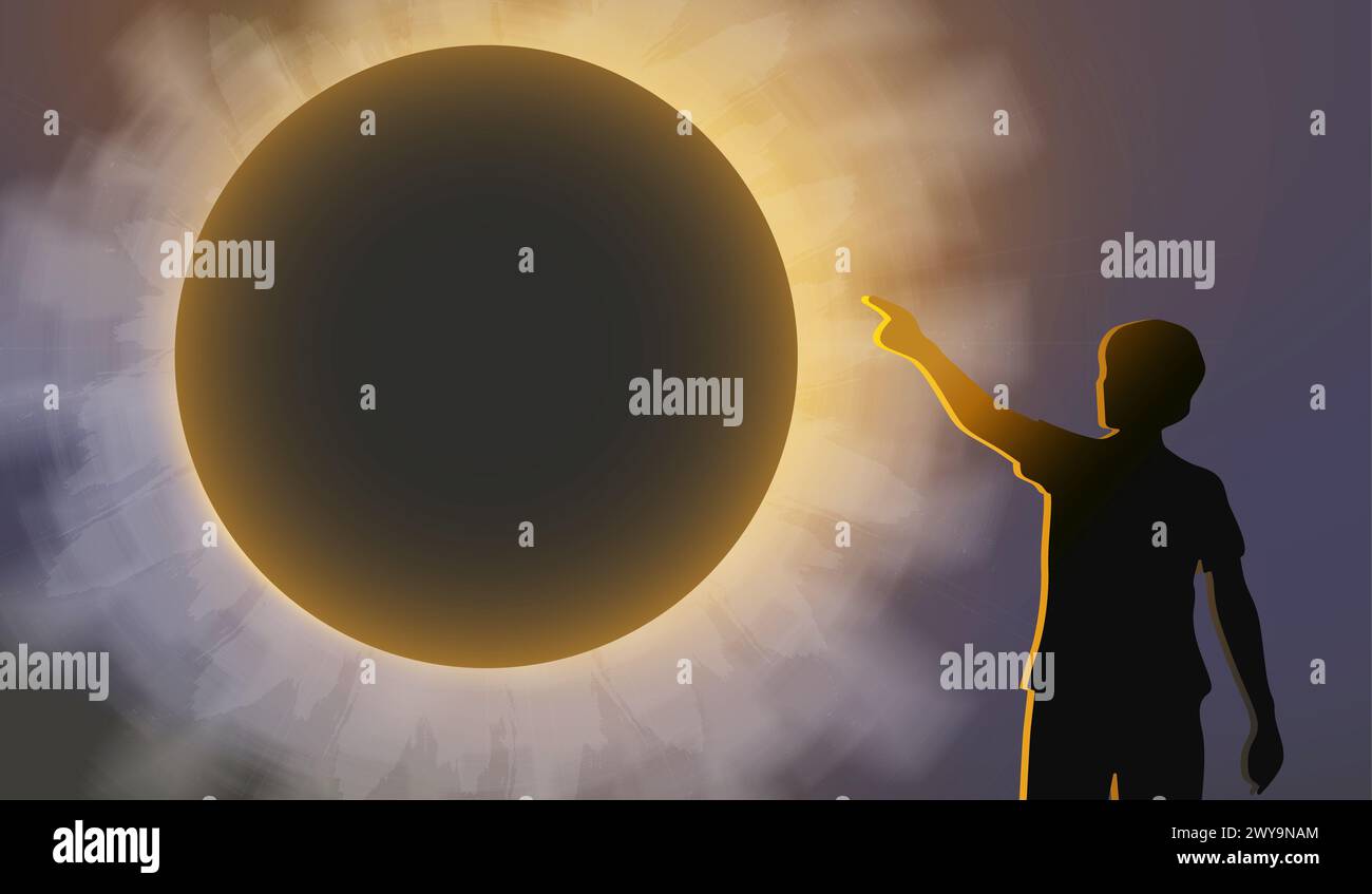 A man points his index finger at a solar eclipse. Rear view of a person ...
