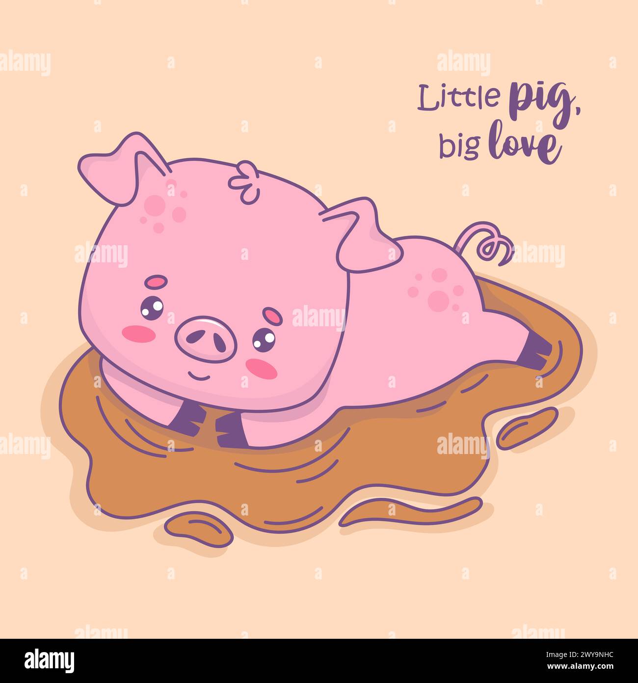 Happy little pig lying in muddy puddle. Vector illustration. Card with ...