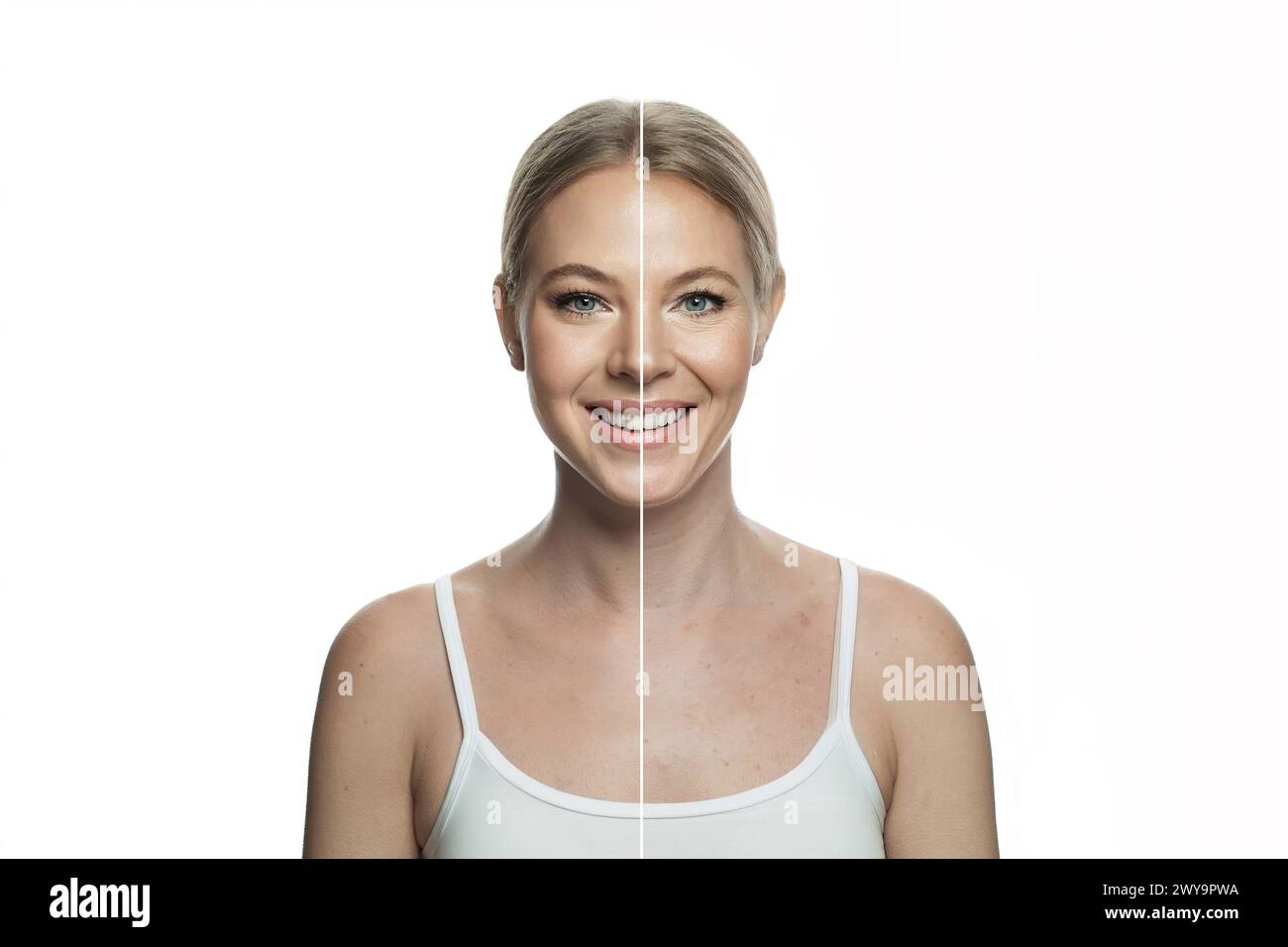 Two faces of pretty woman, young and senior. Aging, beauty, plastic ...