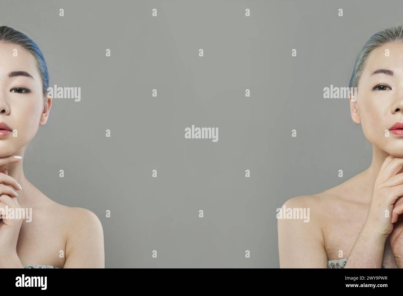 Asian woman face before and after. Beauty, aging, cosmetology, plastic ...