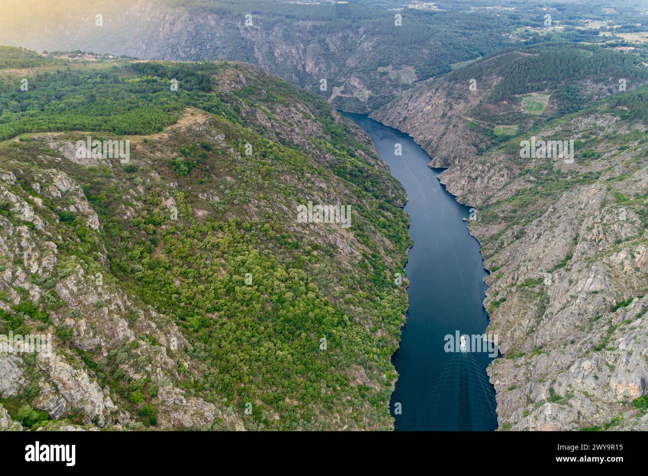 aerial view with drone of a tourist cruiser navigating the Sil river ...