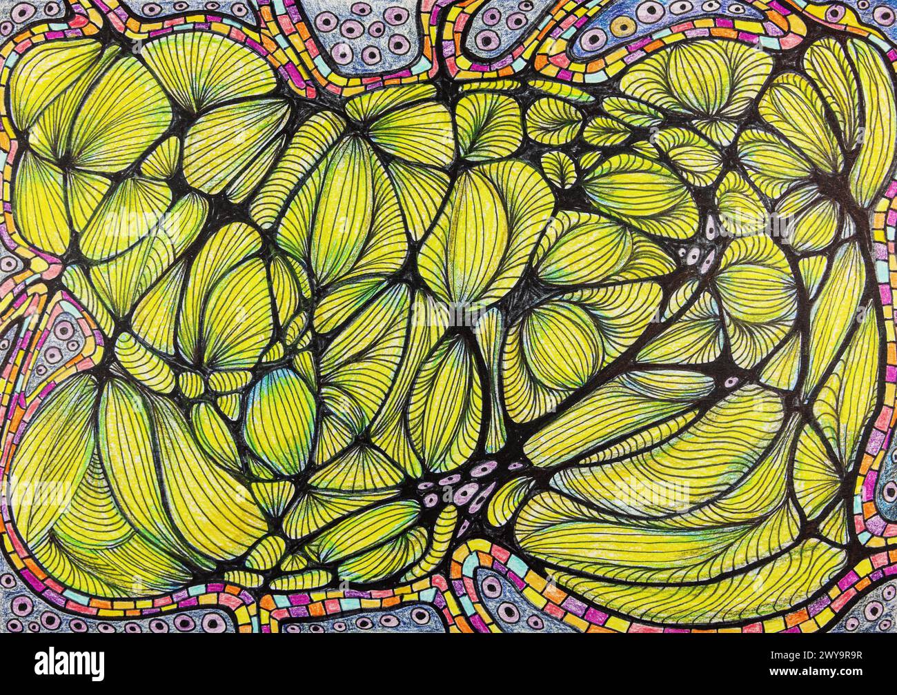 Line art abstraction in yellow. The dabbing technique near the edges ...