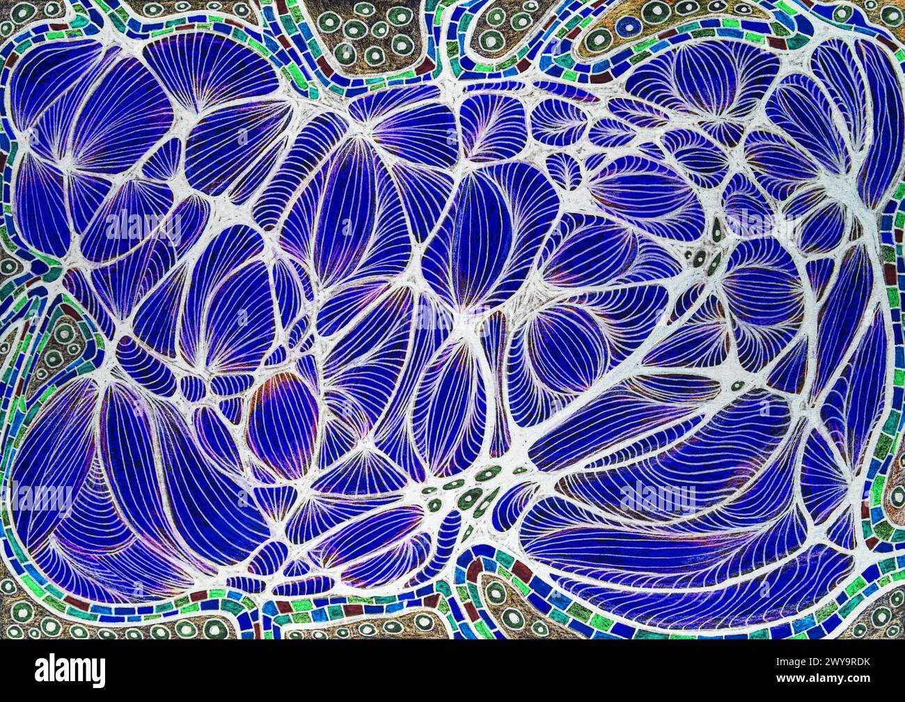 Abstract work with white line art and blue. The dabbing technique near ...