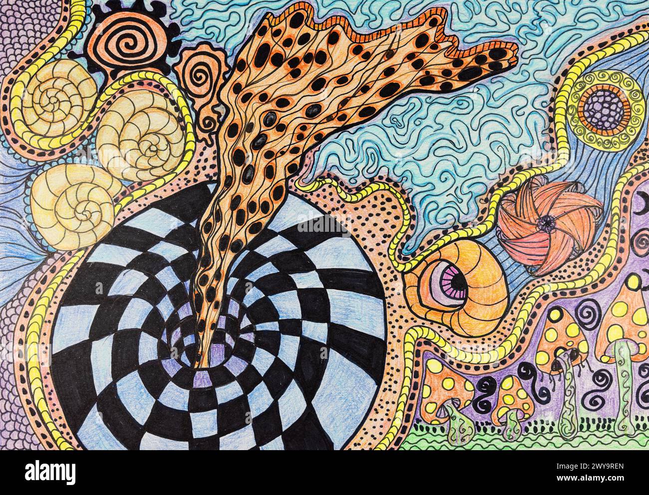 Psychedelic hole absorbing nature, mushroom, flowers. The dabbing ...