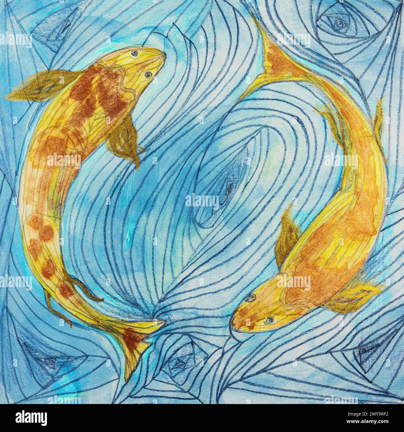 Two gold fish line art doodle. The dabbing technique near the edges ...