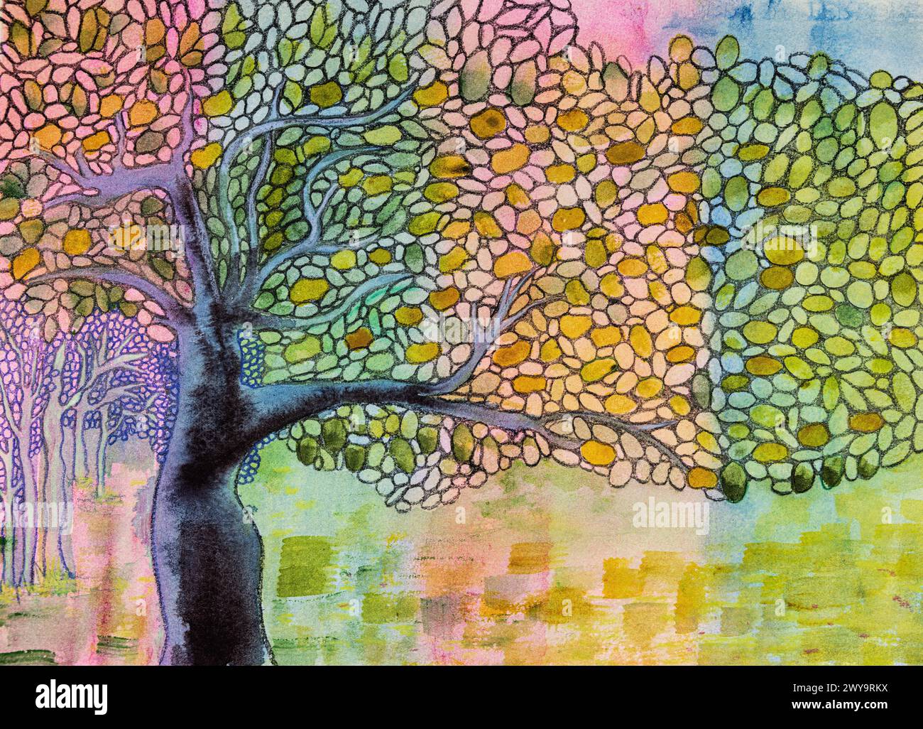 Tree of life with doodled leaves. The dabbing technique near the edges ...