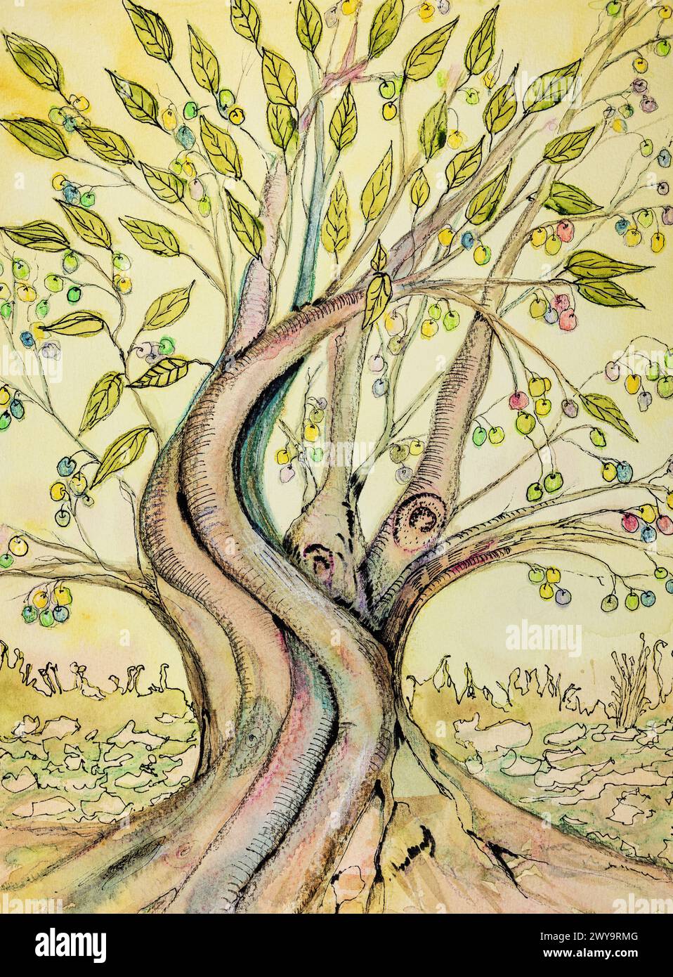 Tree of life with doodled leaves and fruit. The dabbing technique near ...