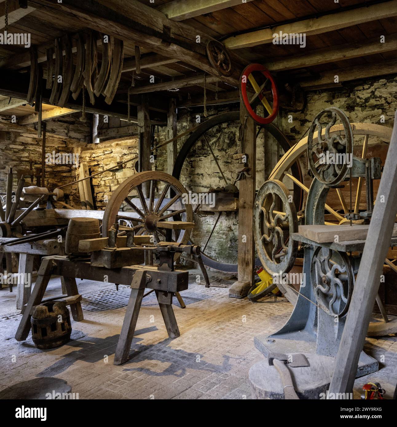 Traditional wheelwrights workshop at Cotehele Mill, Calstock, Cornwall ...
