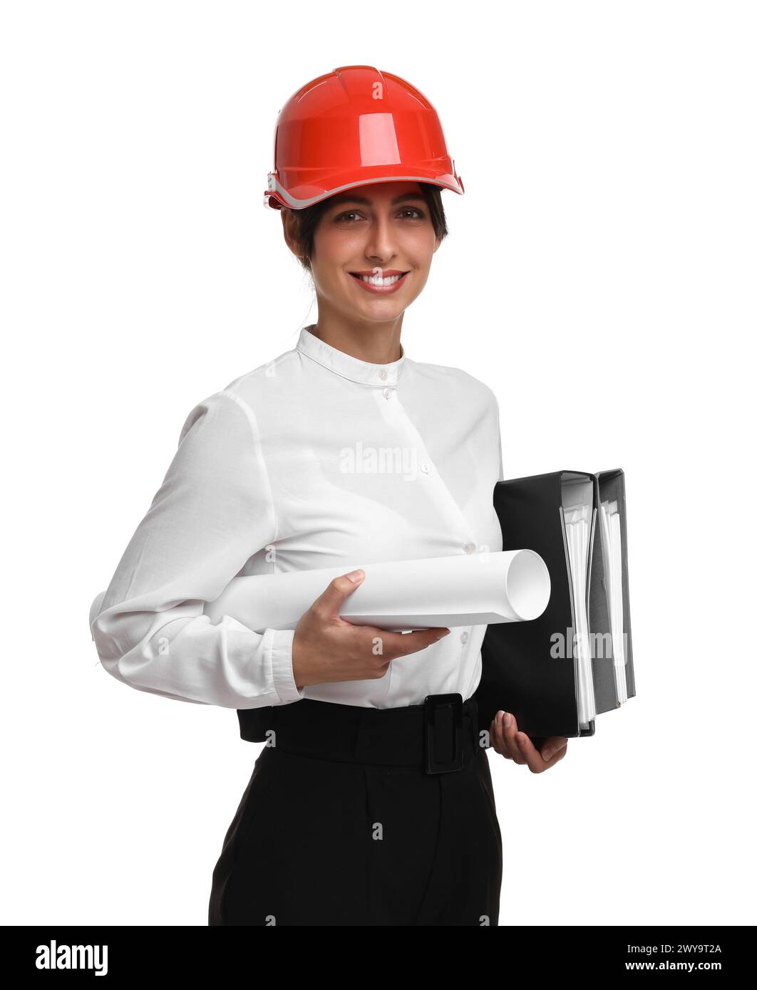 Architect with hard hat, draft and folders on white background Stock ...