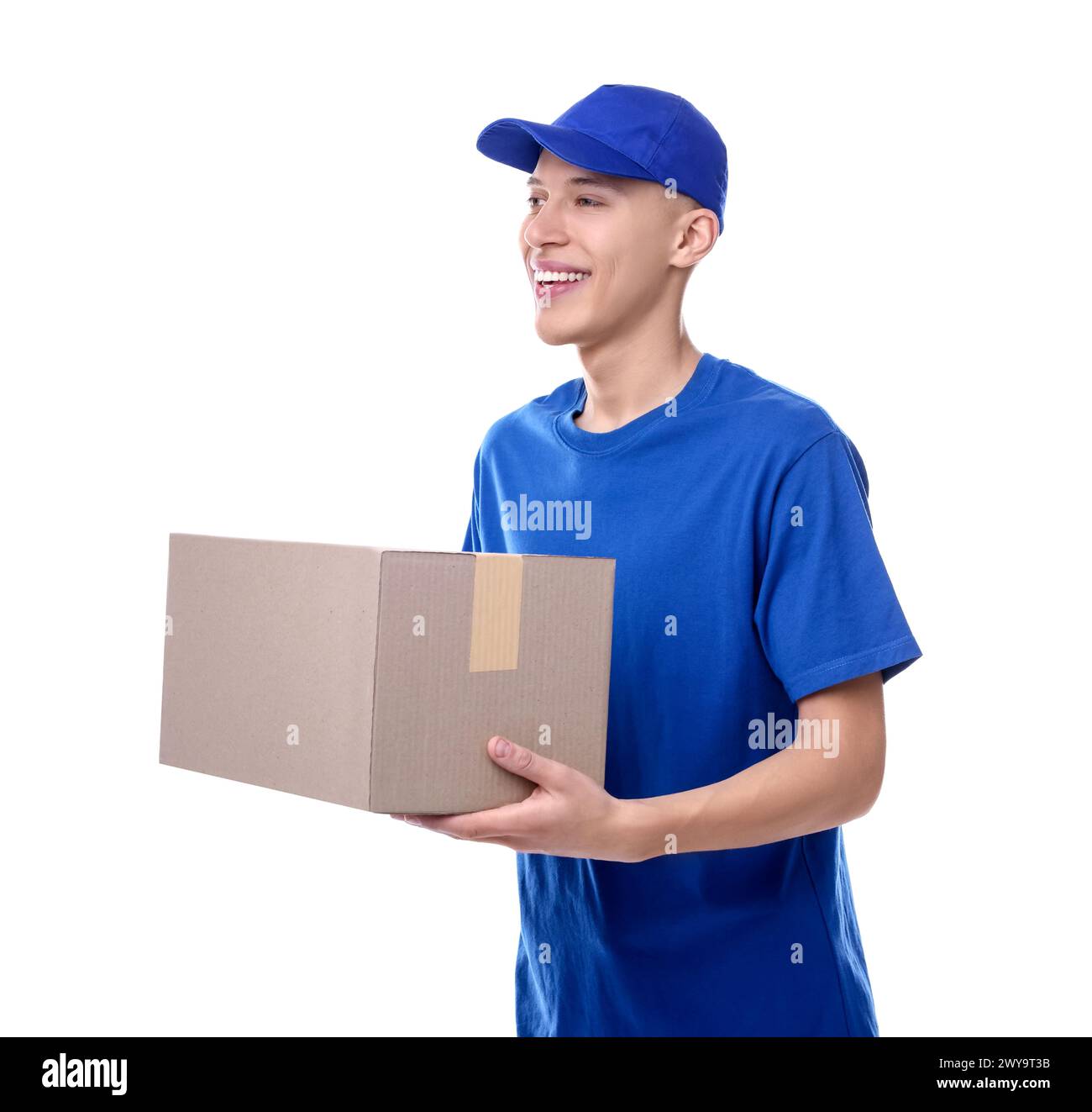 Courier happy deliver carton hi-res stock photography and images - Alamy