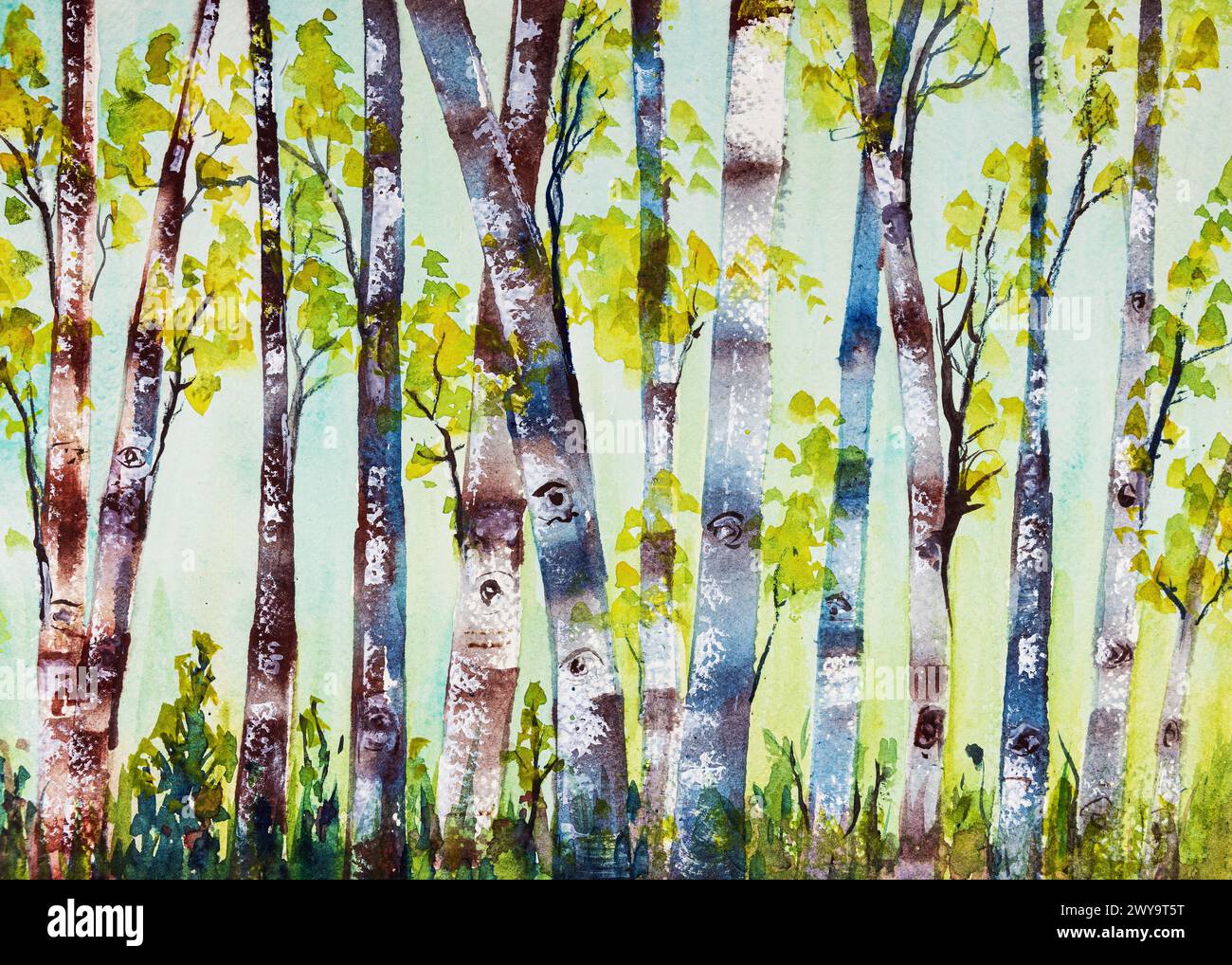 Birch tree forest painting. The dabbing technique near the edges gives ...