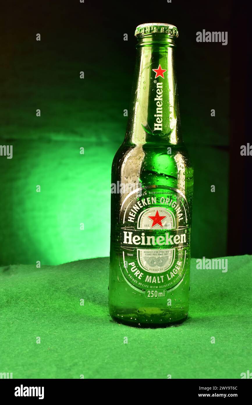 Bottle of Heineken beer on green background Stock Photo - Alamy