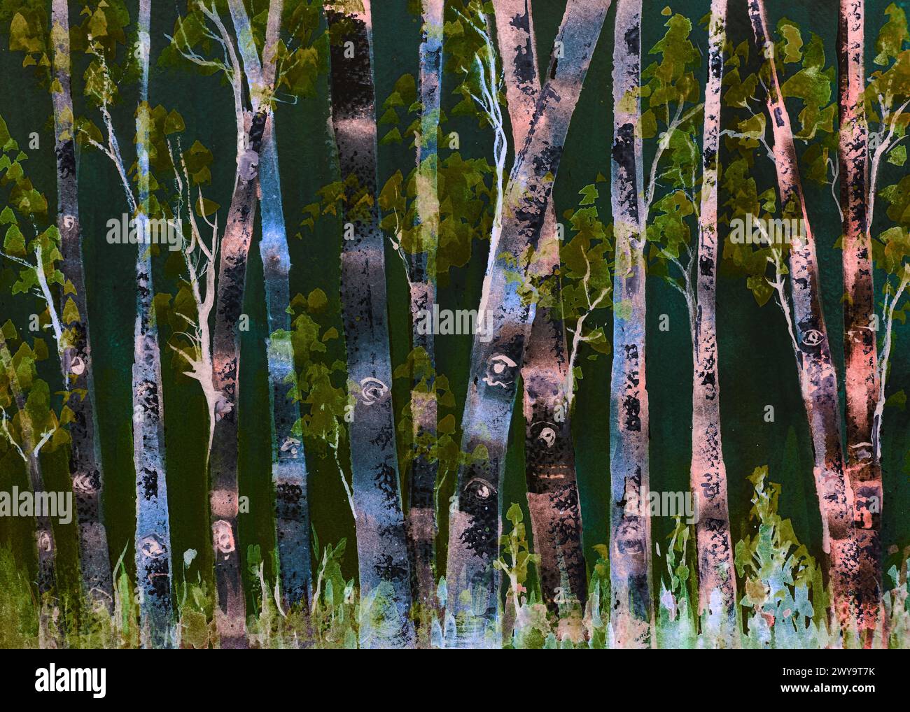 Birch tree forest painting in the blue hour. The dabbing technique near ...