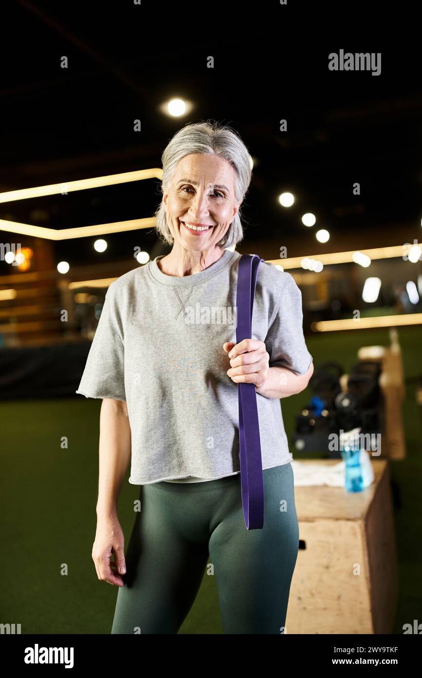 joyous senior woman in sportswear posing actively with fitness expander ...