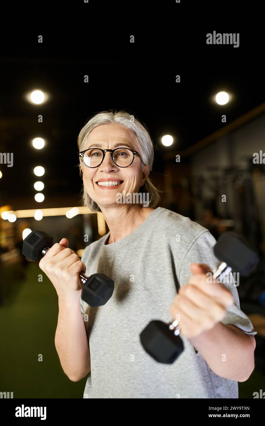joyous senior woman with glasses and gray hair exercising with ...
