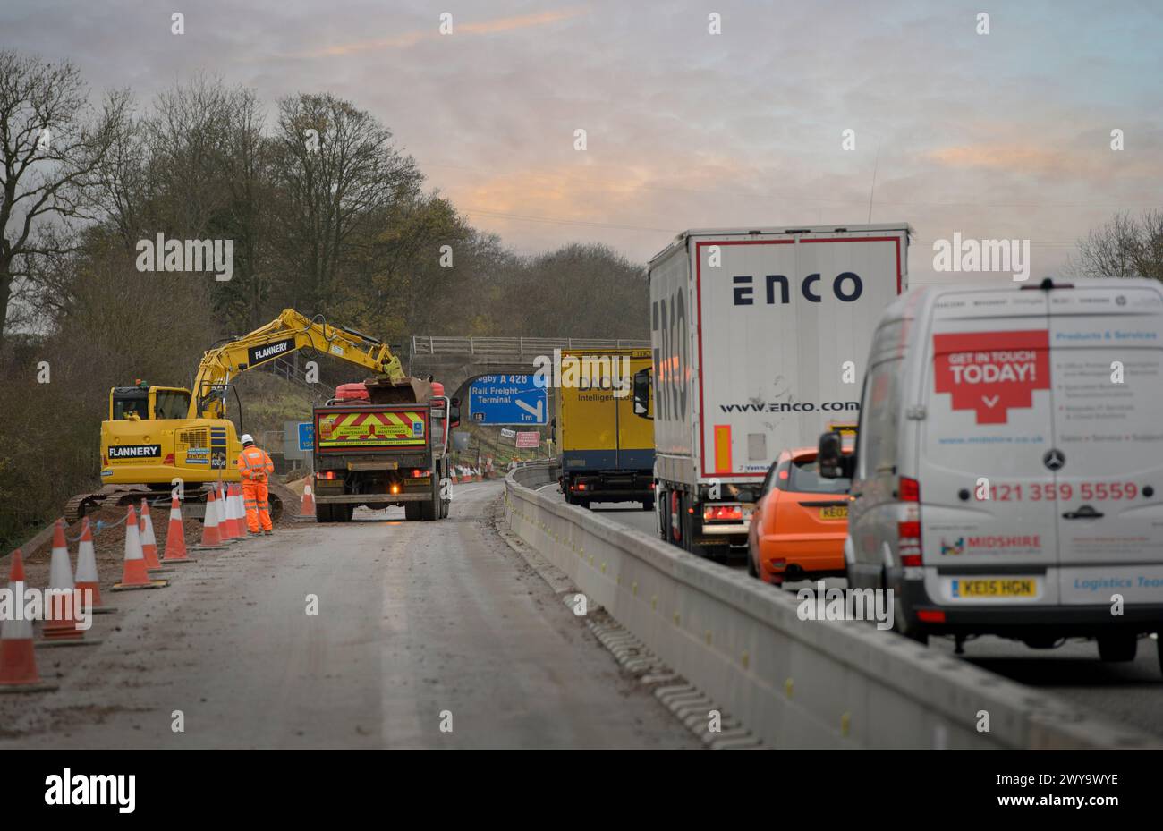 Traffic passing roadworks on the M1 motorway, England Stock Photo - Alamy