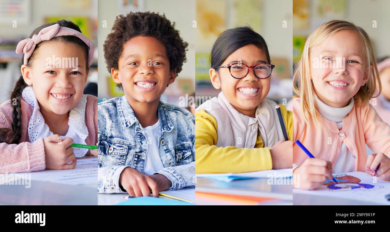 Kids, collage and portrait with diversity at school for work in ...