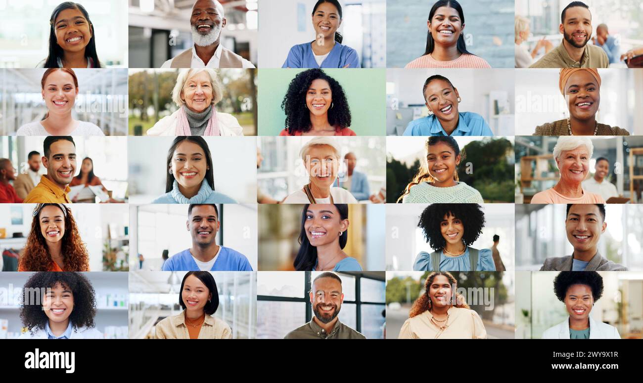 People, diversity and collage with smile, happiness and laugh in city ...