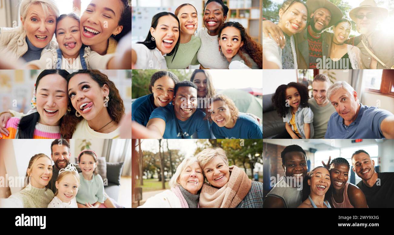Group of people, diversity and collage with selfie or smile for fun with laugh, talking or happy ...