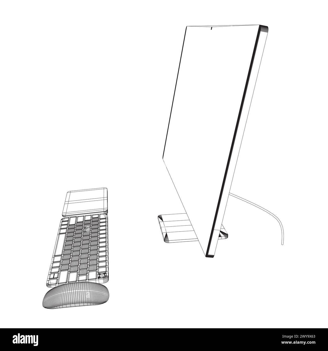 Monitor PC mockup. Wireframe thin frame monitor or PC with mouse and ...