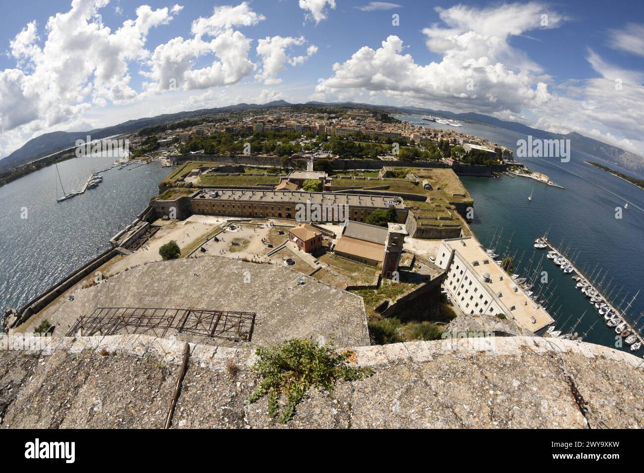 Elevated fish-eye view of Corfu Town, Corfu, Greek Islands, Greece ...