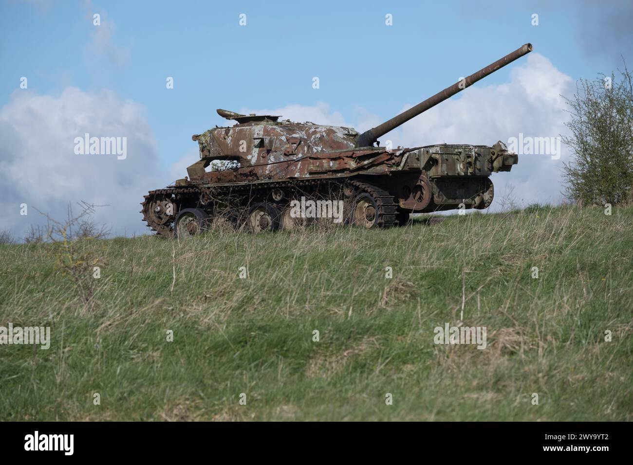 A wrecked tank on the Army Salisbury Plain training ground, Imber on ...