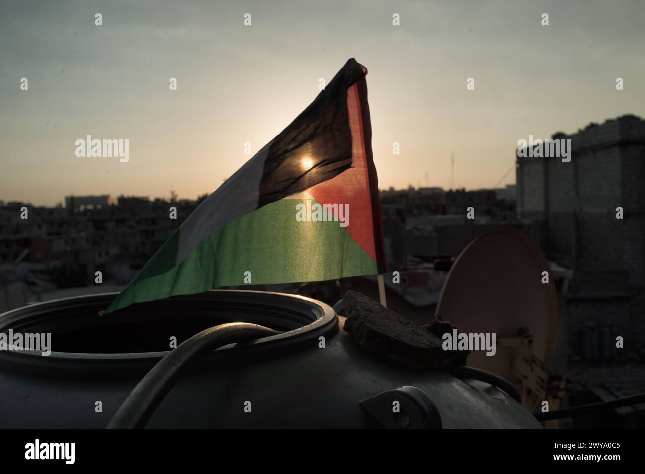 Palestinian flag during the sunset in the Sabra-Shatila Refugee Camp in ...