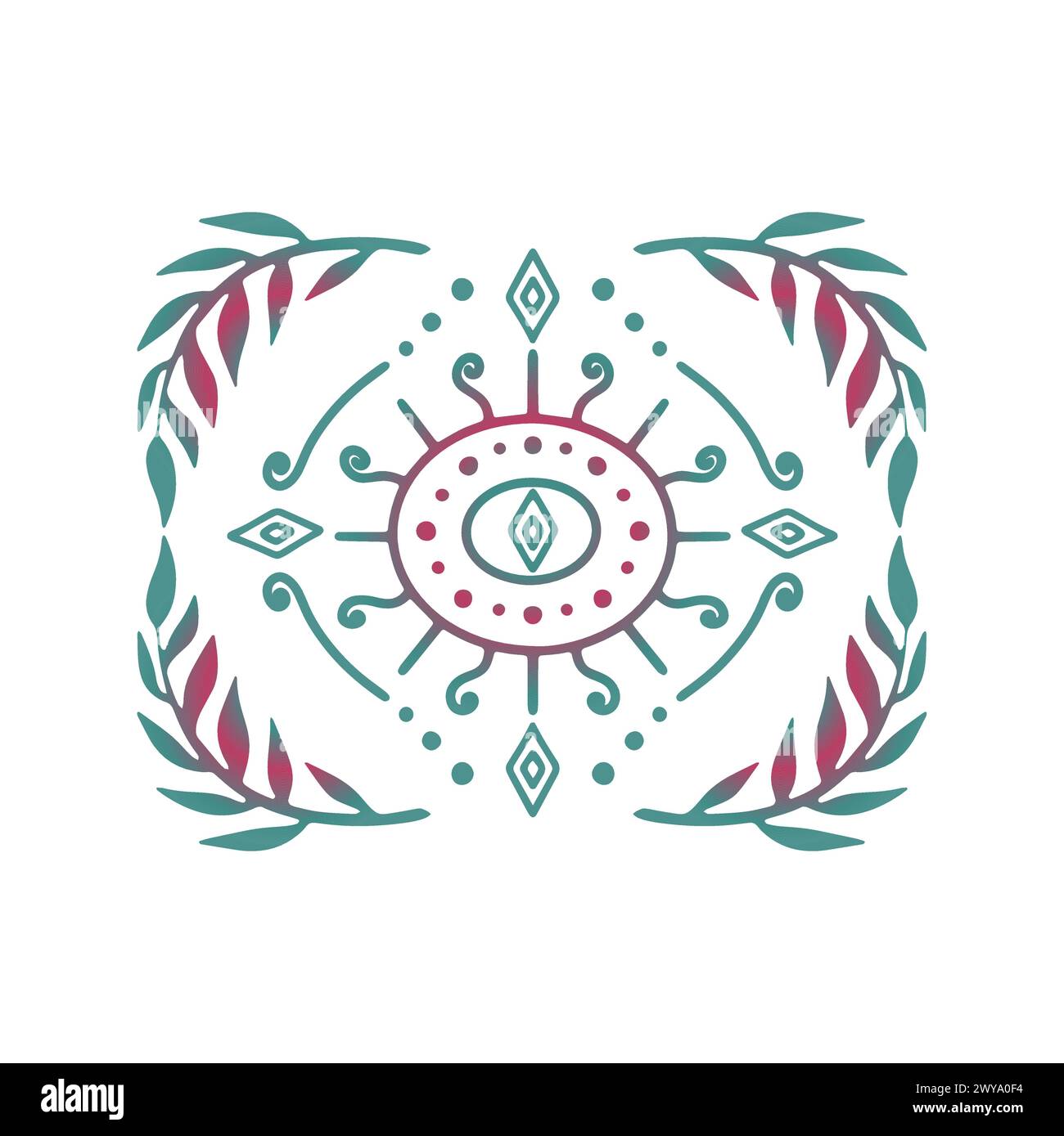 Hand drawn teal and purple gradient floral Damask motif isolated on ...