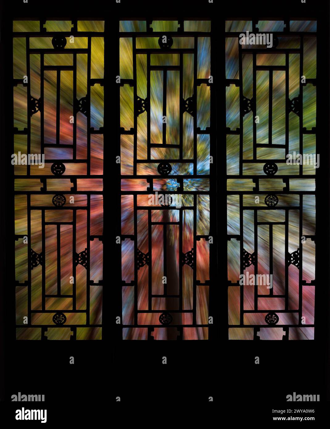 View through a fretwork screen panel of autumnal colour in Japan Stock ...