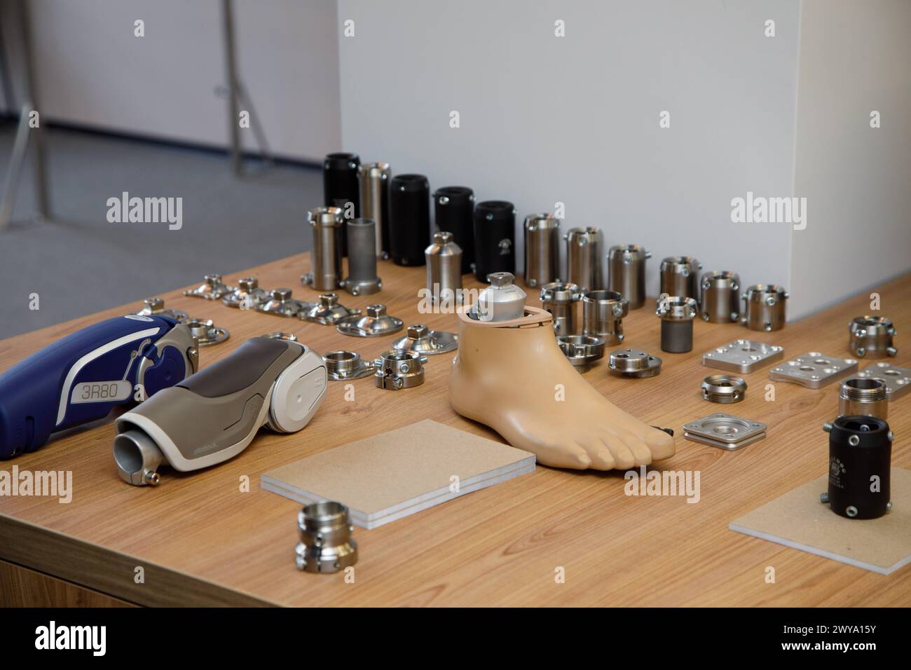 KYIV, UKRAINE - APRIL 04, 2024 - Parts of lower limb prostheses are ...