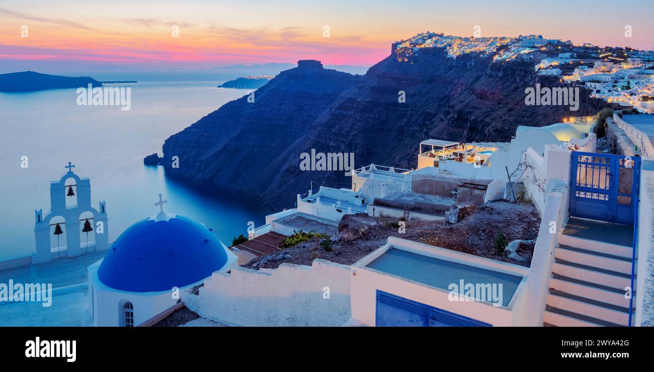 Three Bells of Fira, iconic blue domed church at dusk, Fira, Santorini ...