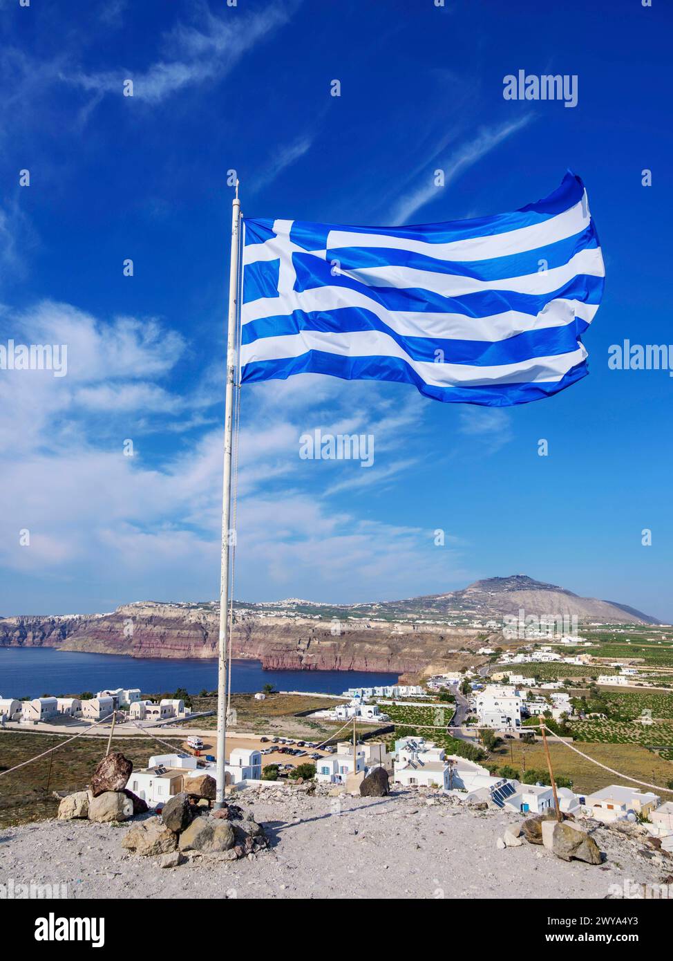 Greek Flag at the Venetian Castle, Akrotiri Village, Santorini Thira ...