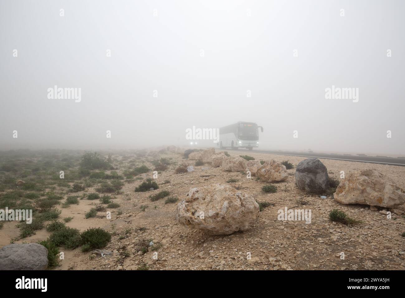 Winter season Qatar, misty in the desert road of north side Qatar Stock ...