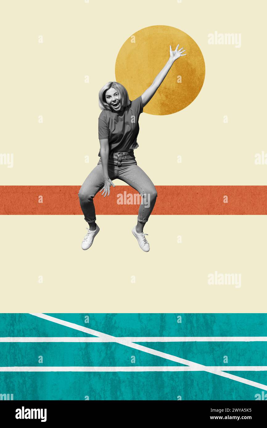 Collage artwork vertical image of crazy cheerful positive woman high ...