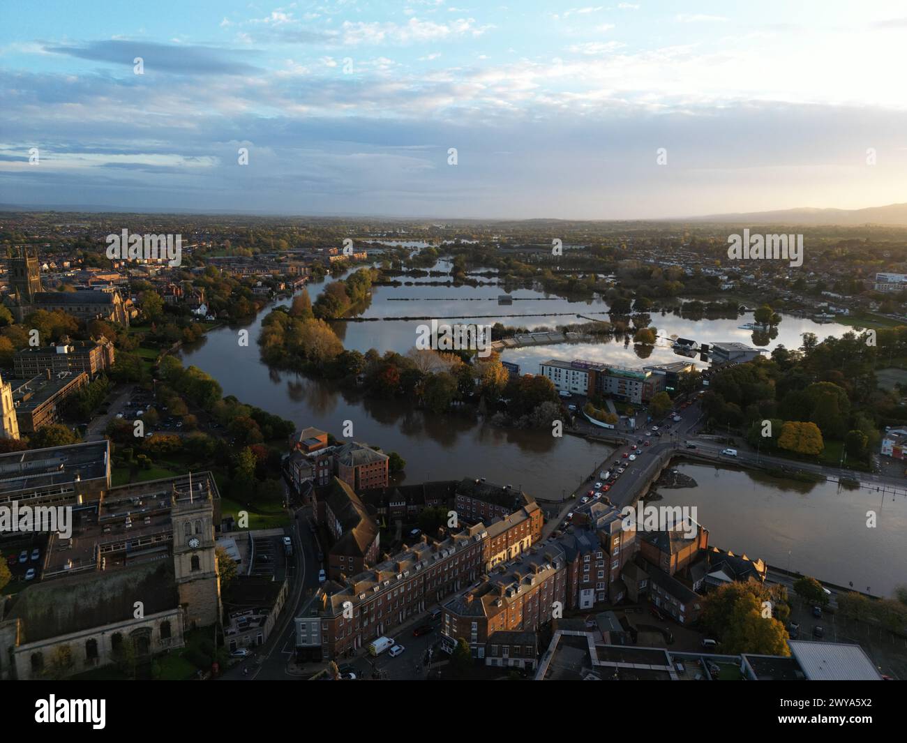 An aerial cityscape with buildings and canals in Worcester, England ...