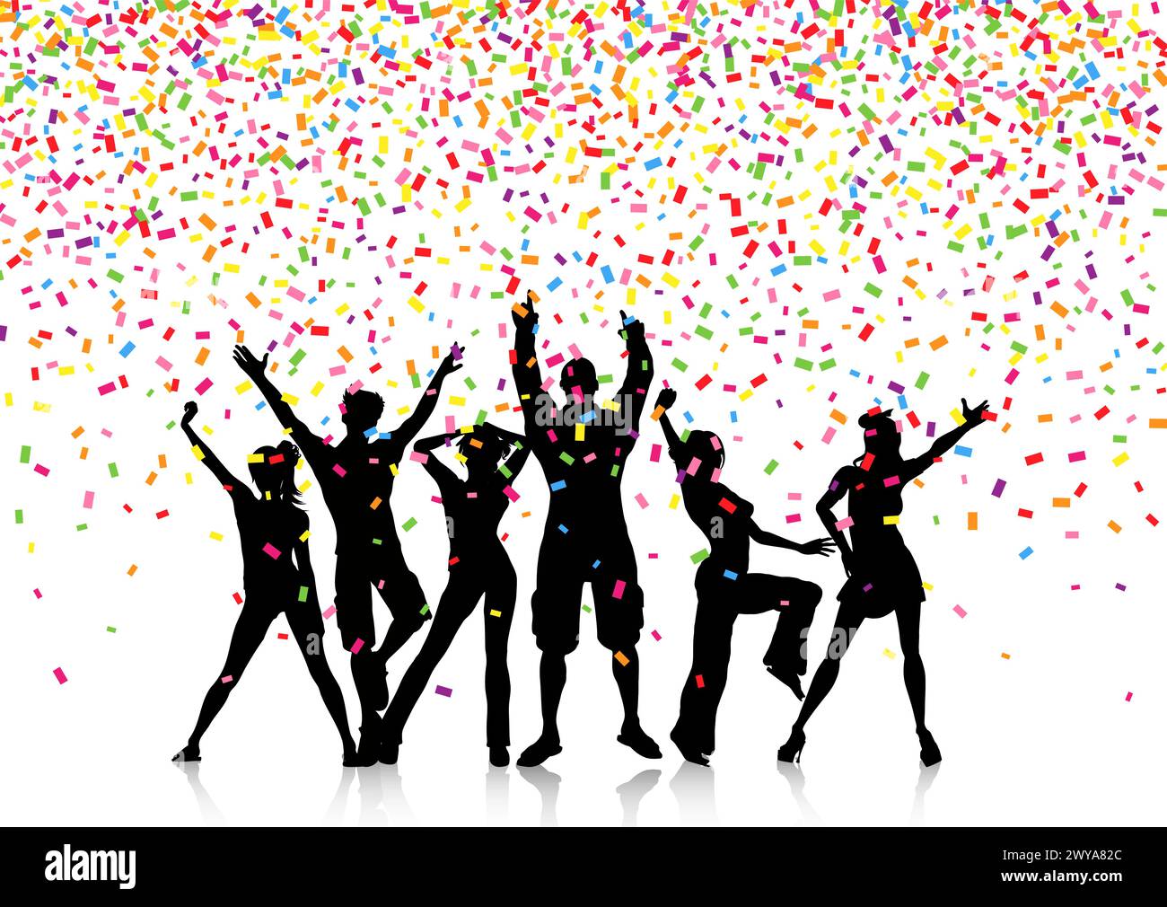 Silhouettes of a group of party people on a confetti background Stock ...