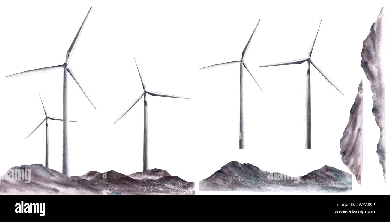 Watercolor monochromatic constructor landscape. Windmills, wind turbine ...