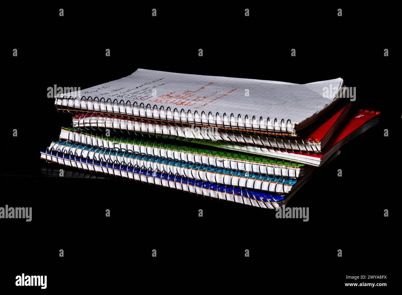 Six (6) spiral bound notebooks stacked on top of each other, notes ...
