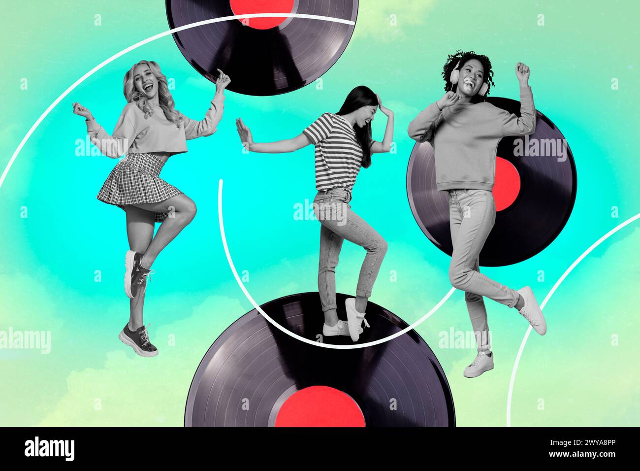 Creative collage picture happy joyful girls dancers party celebrate ...