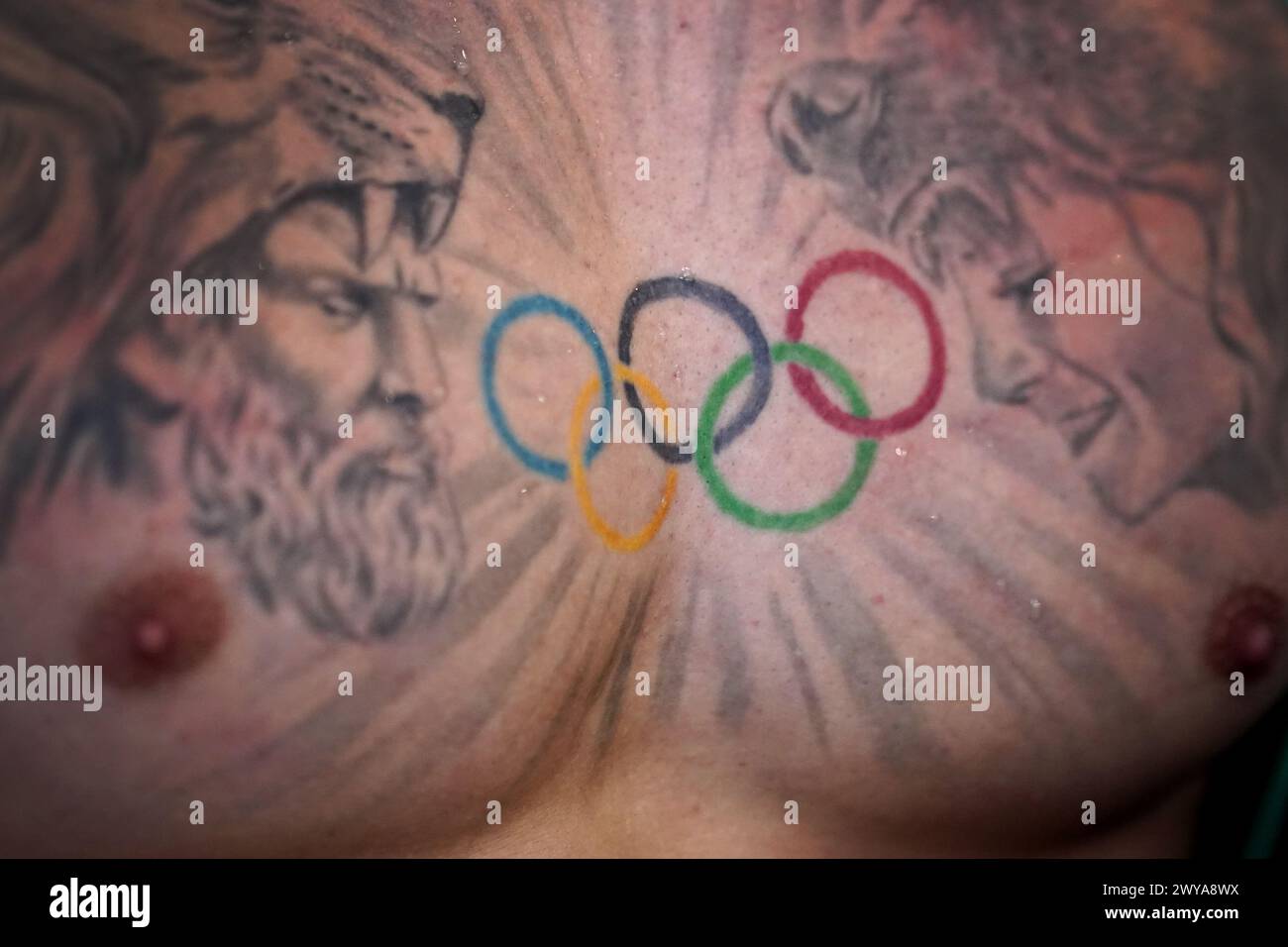A detailed view of Jacob Peters' tattoo after the Men's 100m Butterfly ...