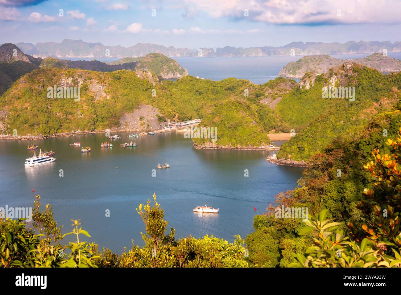 Sea landscape in Vietnam with small islands and boats. View from above ...