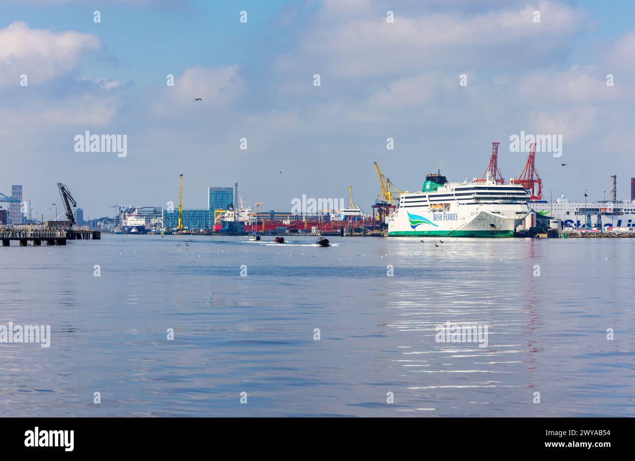 View of Dublin city skyline and port buildings. "Irish Ferries ...
