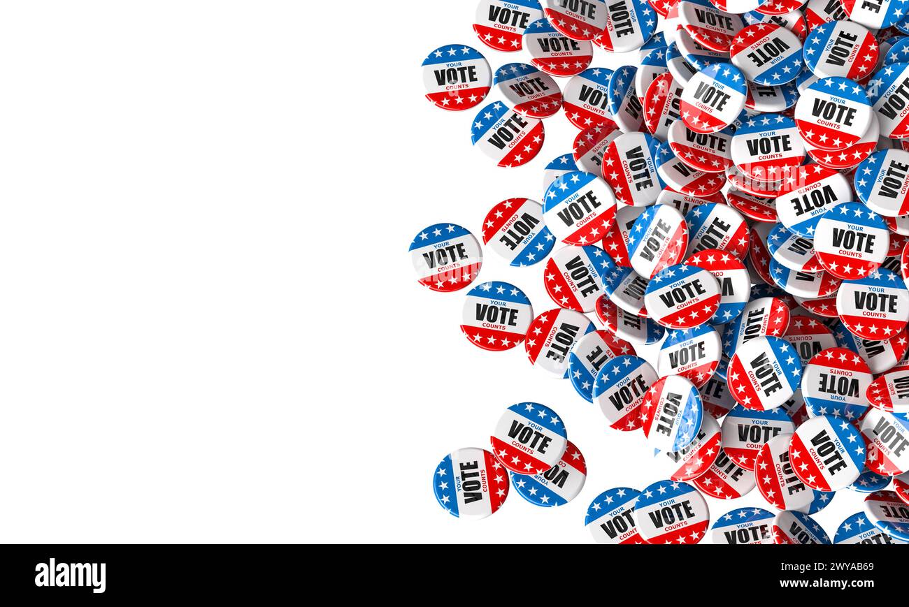 Pile of vote badges with us flag colors isolated on white, 3d render ...