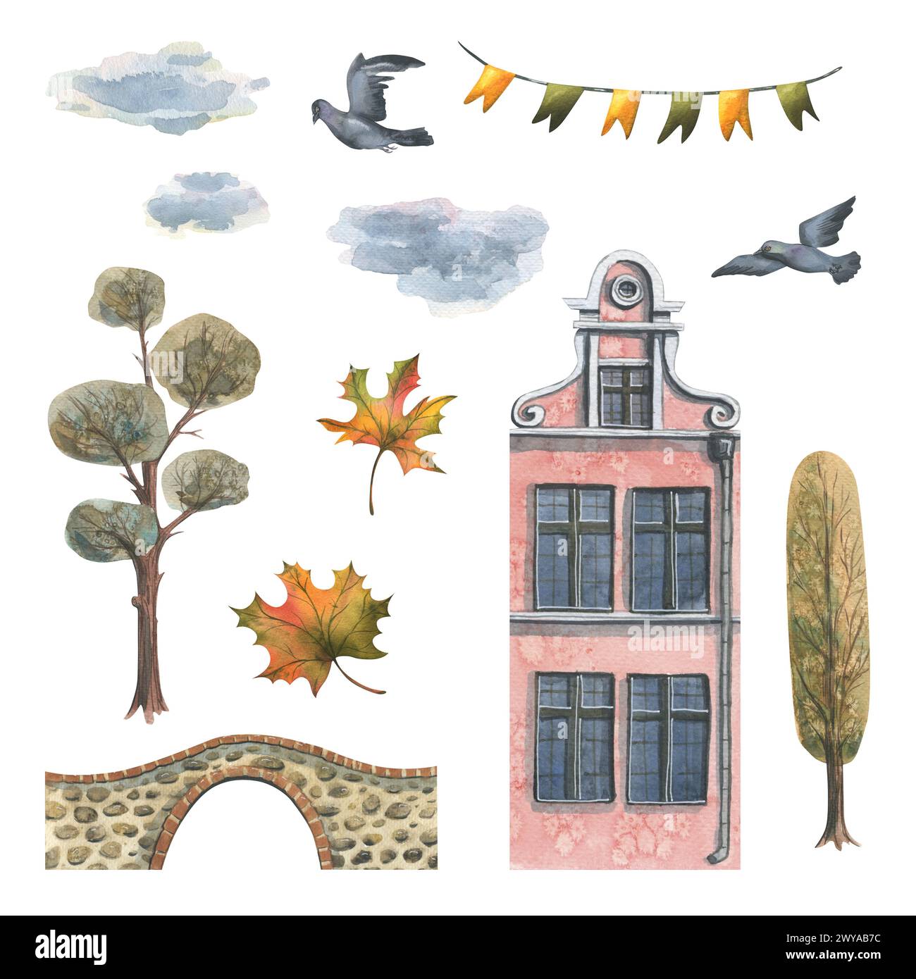 Ancient European houses are colorful, with autumn trees and leaves ...