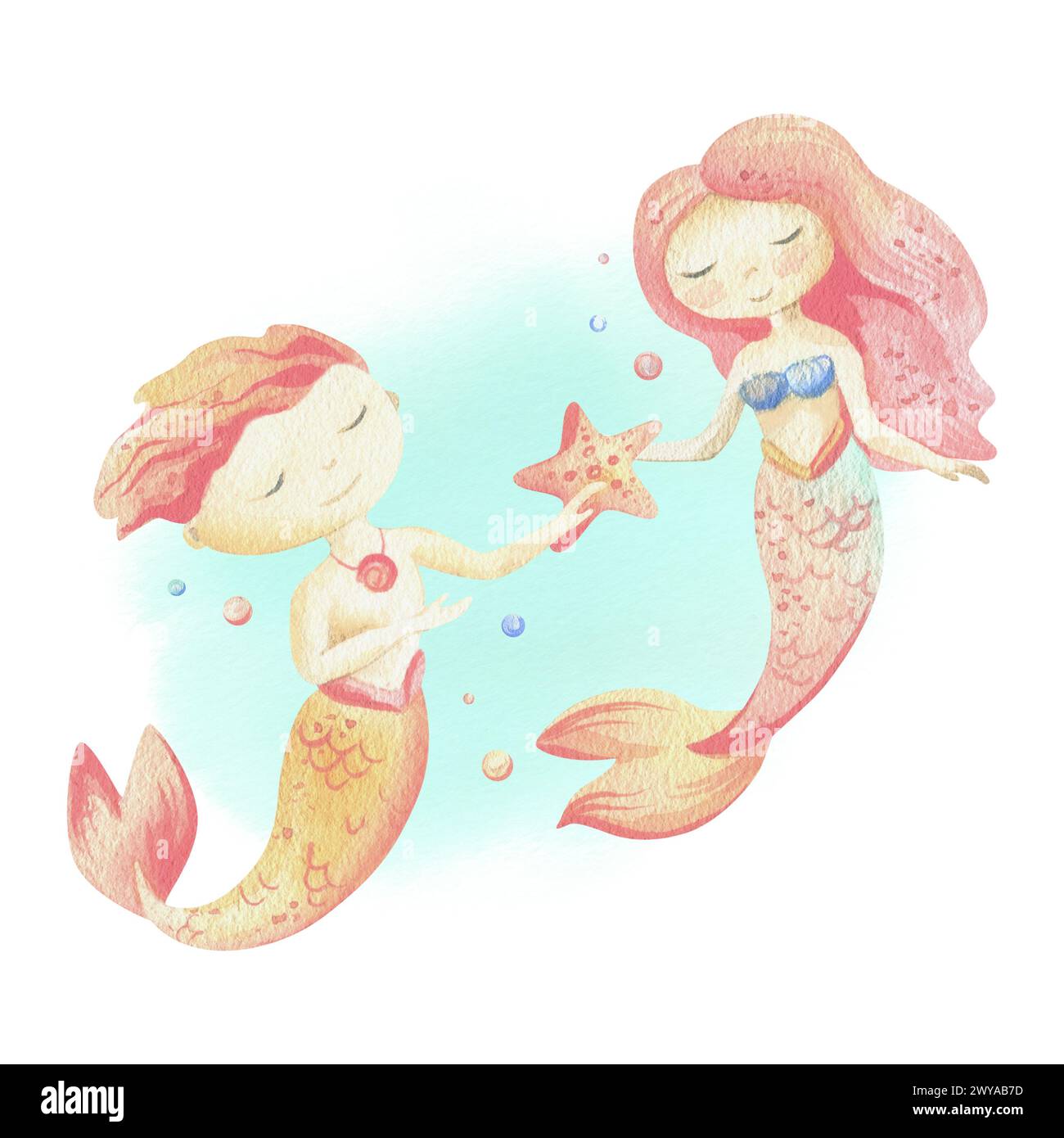 Couple of mermaids boy and girl with starfish and bubbles. Watercolor ...