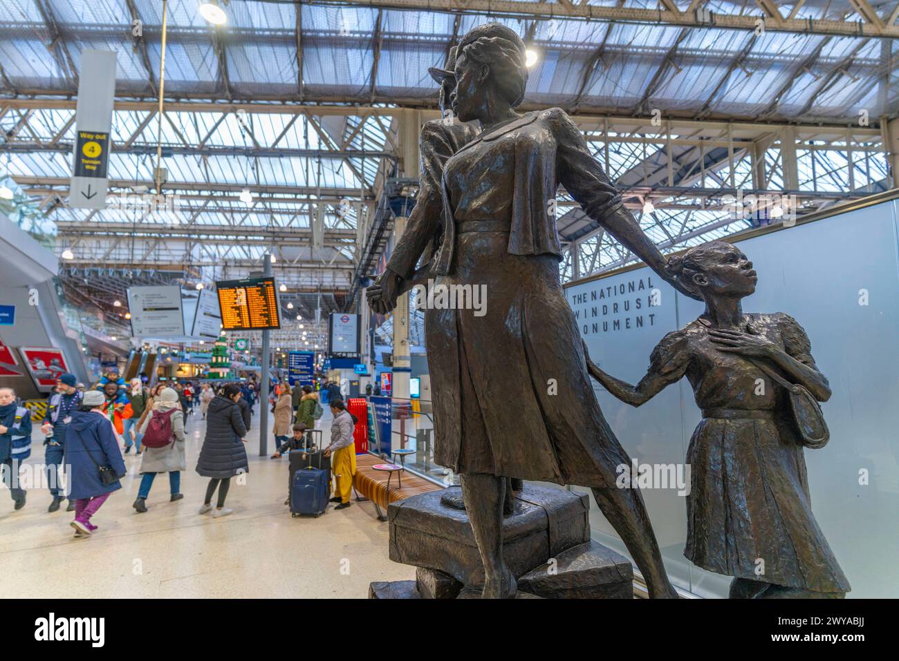 View of National Windrush Monument at Waterloo Station main concourse ...