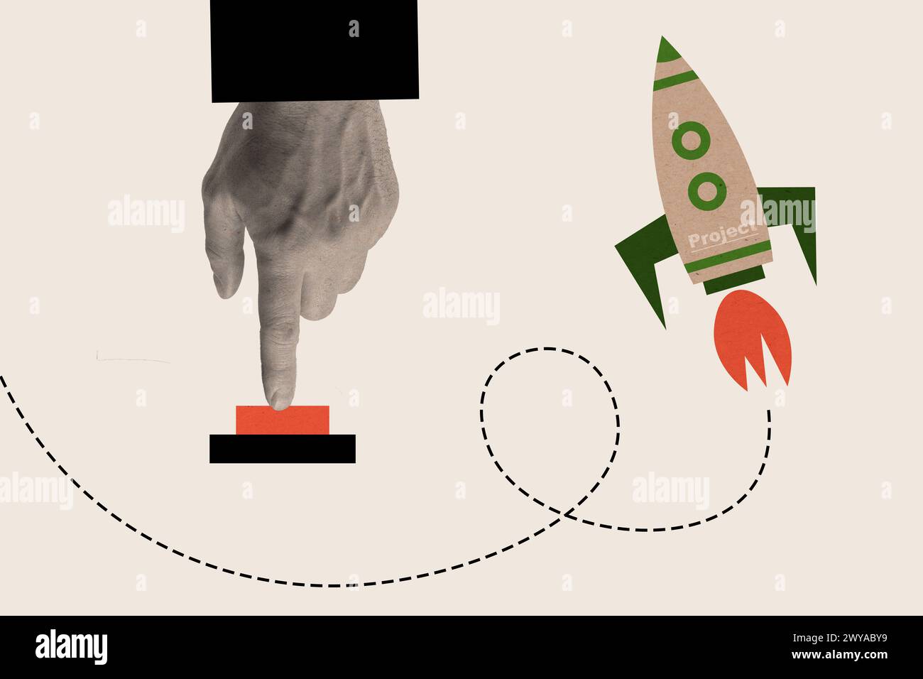 Composite photo collage of hand push button start rocket fly success ...